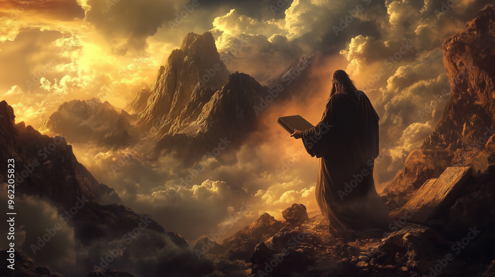 Moses Receiving the Ten Commandments on Mount Sinai at Sunset Stock ...