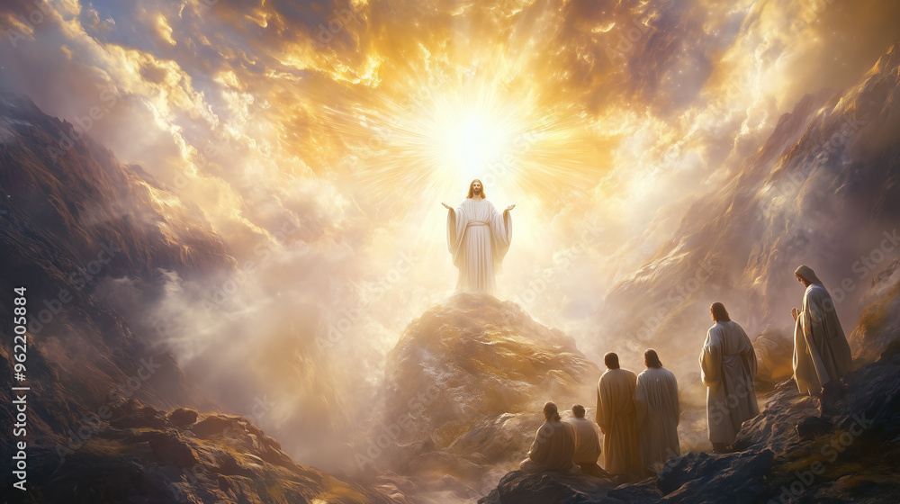 Jesus Transfiguration Depicted in Majestic Heavenly Setting Stock ...