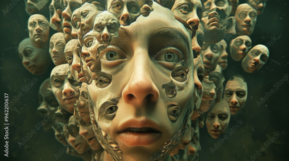A haunting and surreal image featuring a human face covered with ...