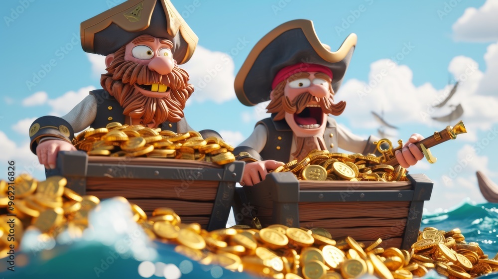 Two animated pirates gleefully admire their overflowing chests of gold ...