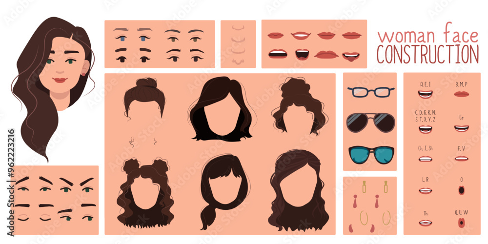 Female face constructor, avatar of woman character creation hairstyle ...