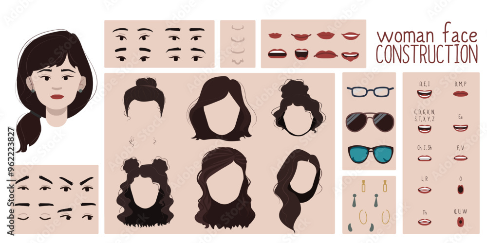 Asian female face constructor, avatar of woman character creation ...