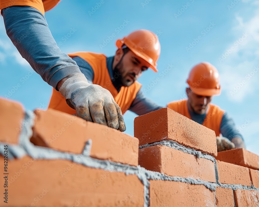 Engineer in uniform overseeing workers laying bricks at a real estate ...