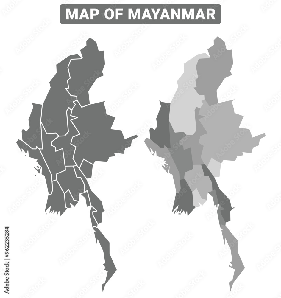 Greyscale Mayanmar political map with borders outline style vector ...