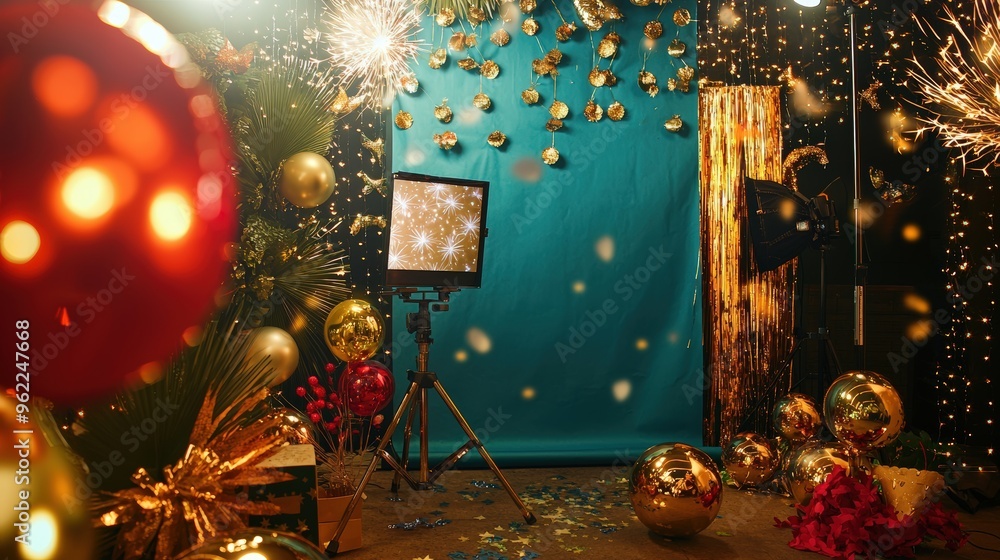 Festive New Year Photo Booth Setup with Props, Backdrops, and Festive Lighting for Memorable ...