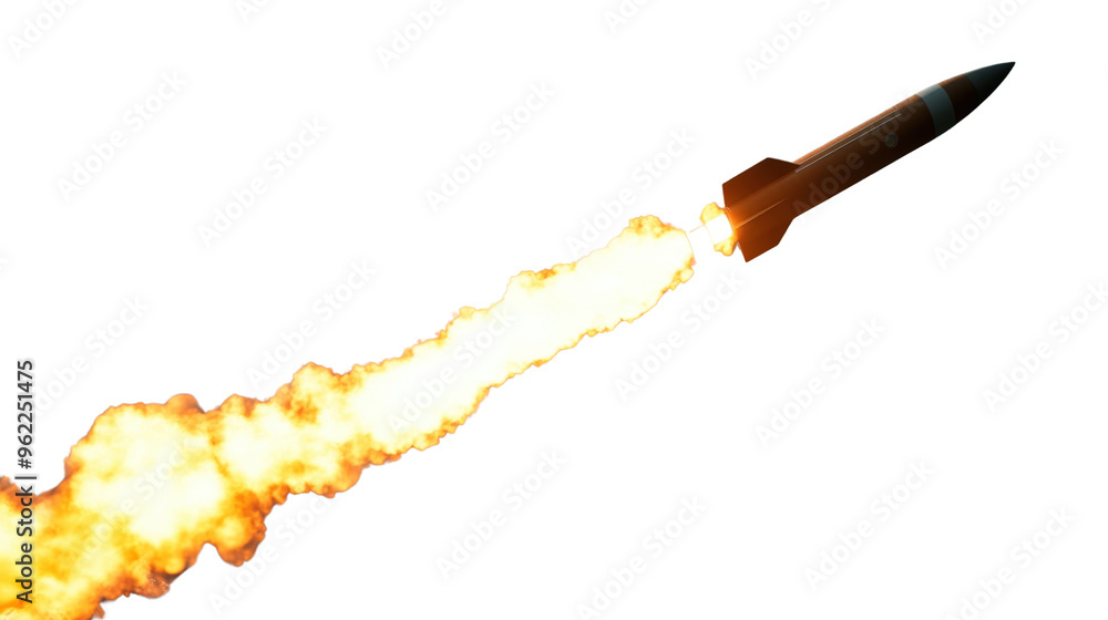 Atomic missile launch with fire and smoke trail isolated on a ...