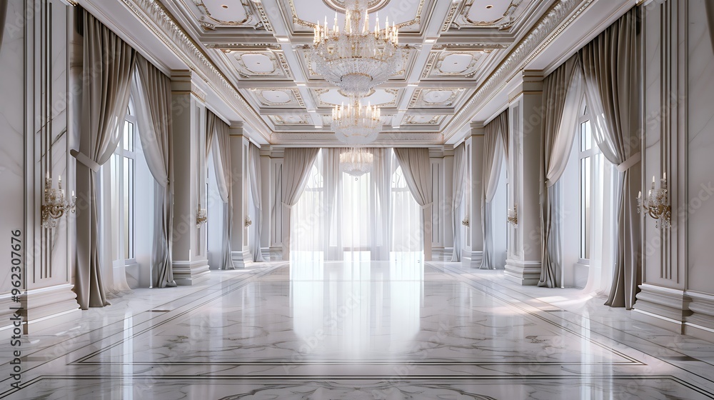 An elegant ballroom with a grand chandelier hanging from the ceiling ...