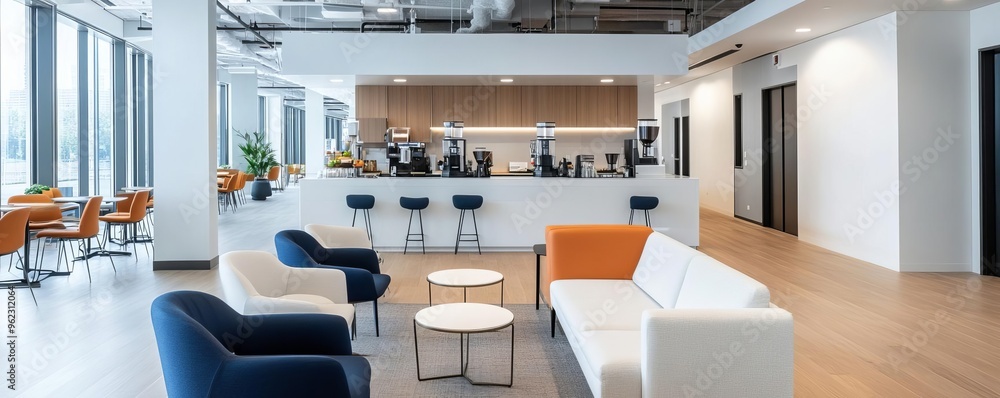 Co-working lounge with sleek furniture, a coffee bar, and open floor ...