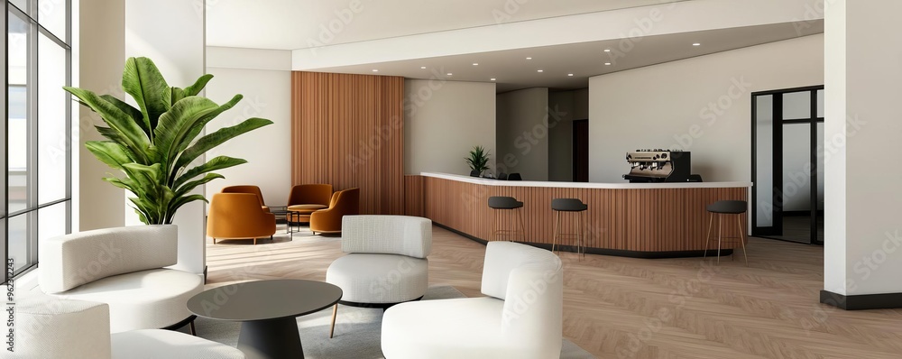 Co-working lounge with sleek furniture, a coffee bar, and open floor ...