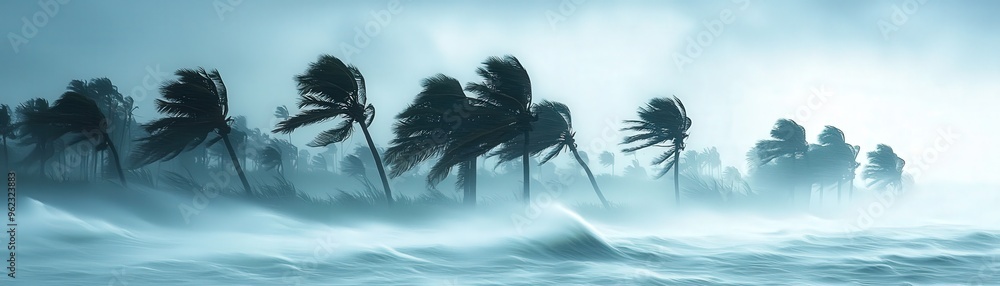 Gale-force winds bending palm trees during a tropical storm, extreme ...