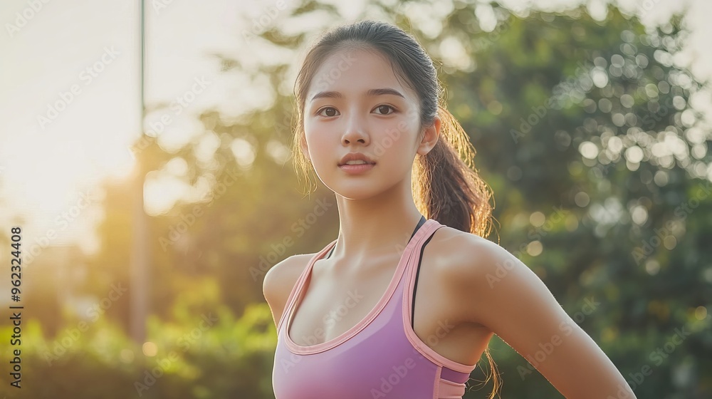 Every morning, a young Asian woman prepares for her jog by wearing a ...