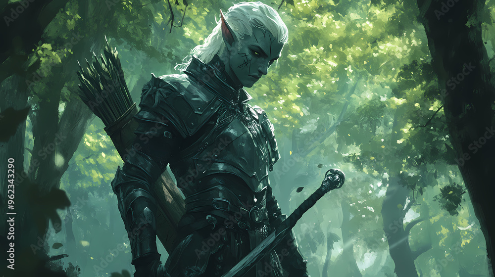 An elf warrior with two swords in armor with blades and a bow behind ...
