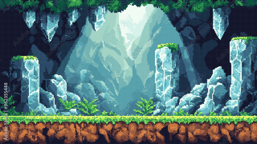 pixel art retro game level, Crystal Cavern, 8 bit 2d video game background, underground cave and ...
