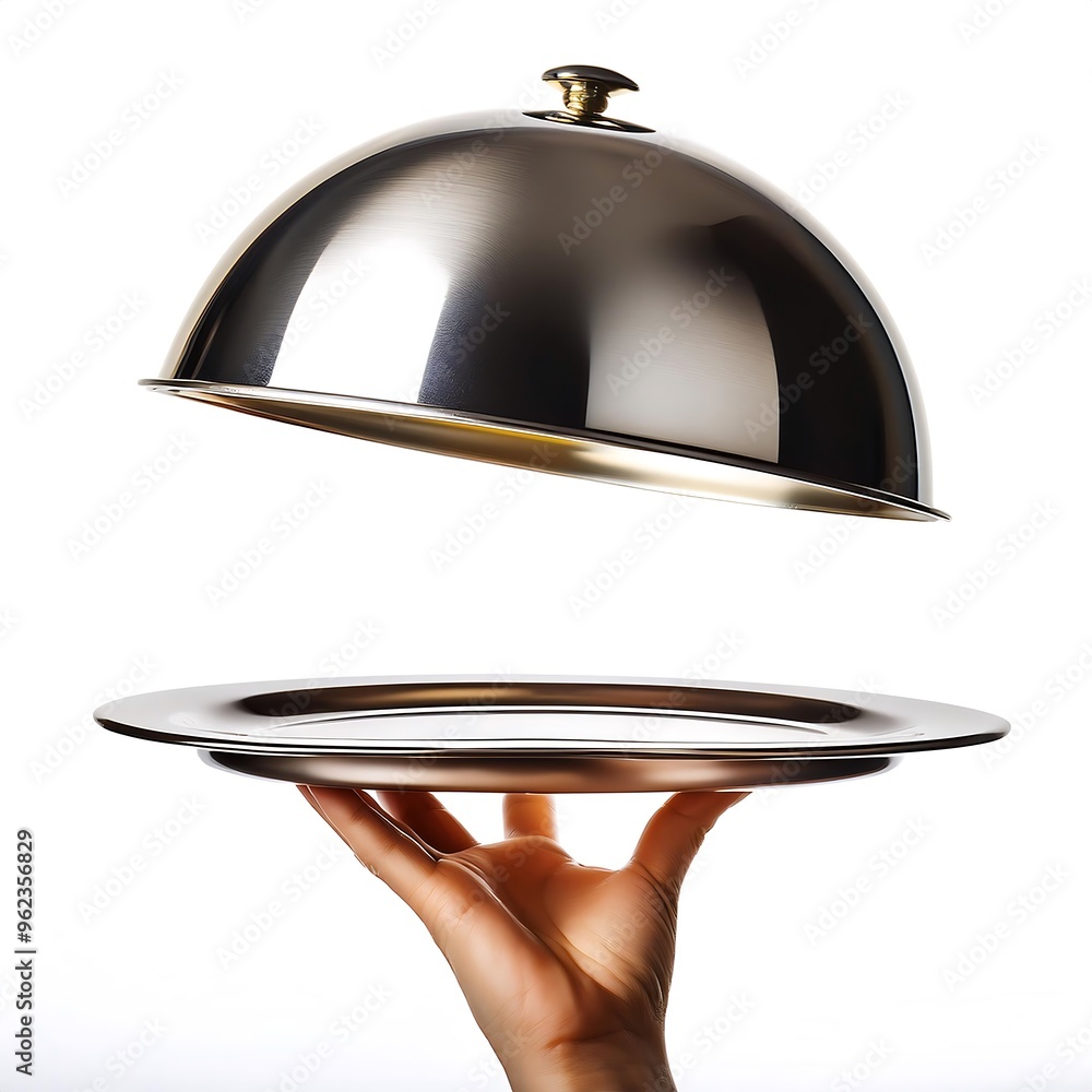 Hand holding Silver serving cloche raised above empty golden plate, cut ...
