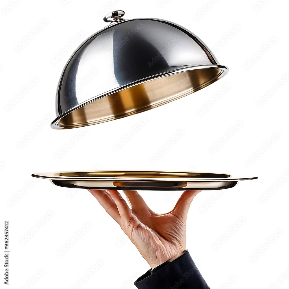 Silver serving cloche raised above empty golden plate, cut out Stock ...