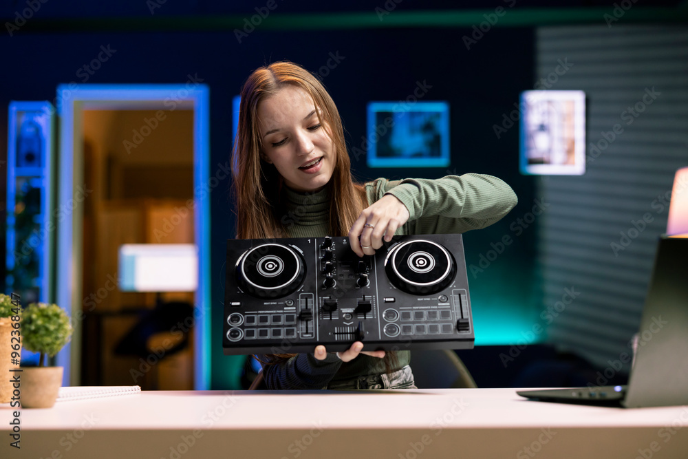 Cheerful young artist filming DJ mixing tutorial in home studio ...