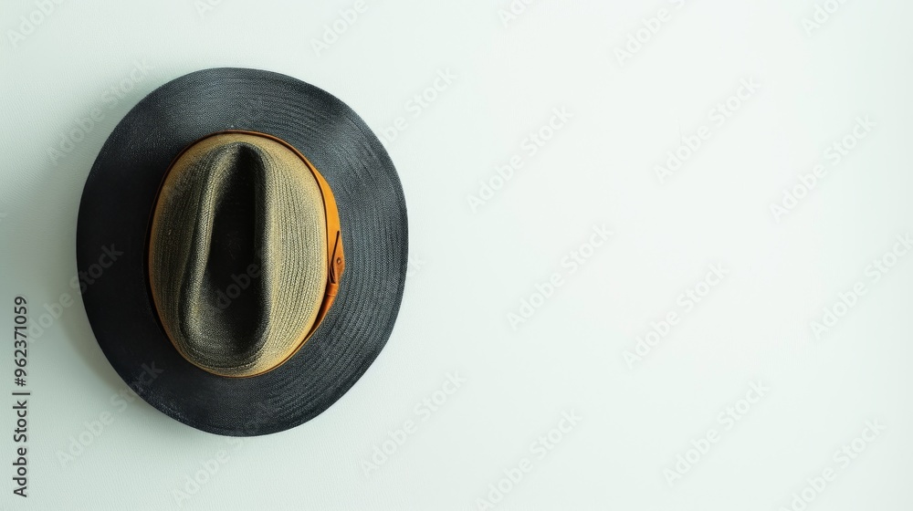 Overhead view of a black and tan fedora hat against a clean, minimalist ...