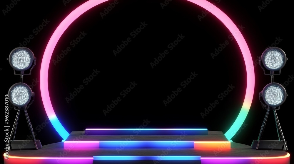 Neon stage backdrop with spotlights for event design or virtual ...