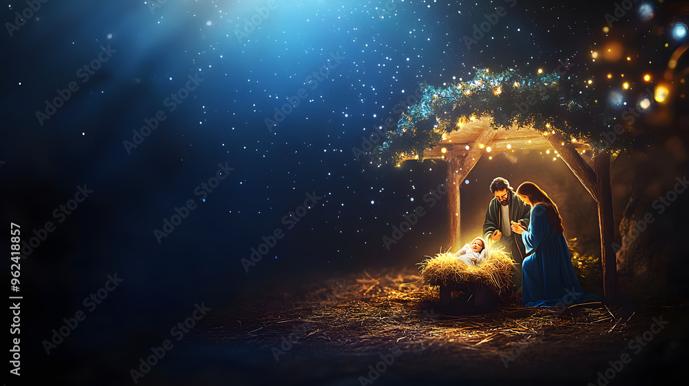 Christmas nativity scene of born child baby Jesus Christ in the manger ...