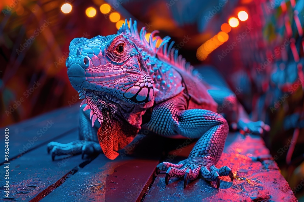 Vibrant hues: iguana illuminated in neon color, showcasing striking and ...