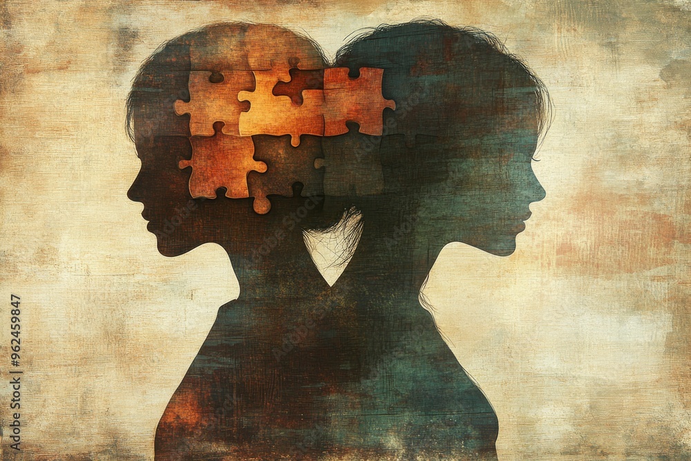 Brain chip Neural function Dual silhouette heads with puzzle pieces ...