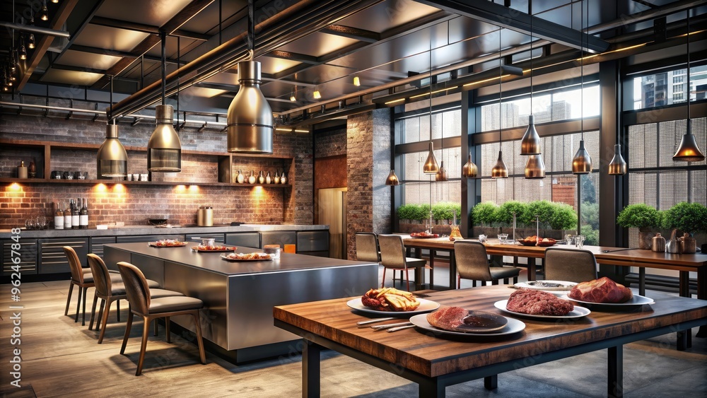 Modern industrial style background with a steakhouse setting ...