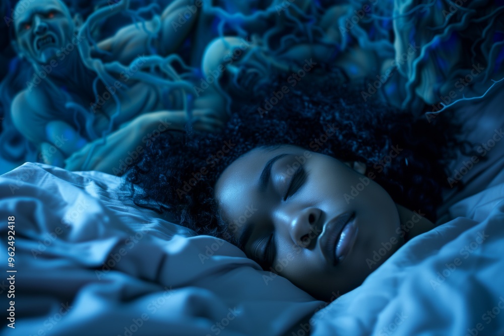 Scared young girl besieged creatures bed enhancing eerie and shadows ...