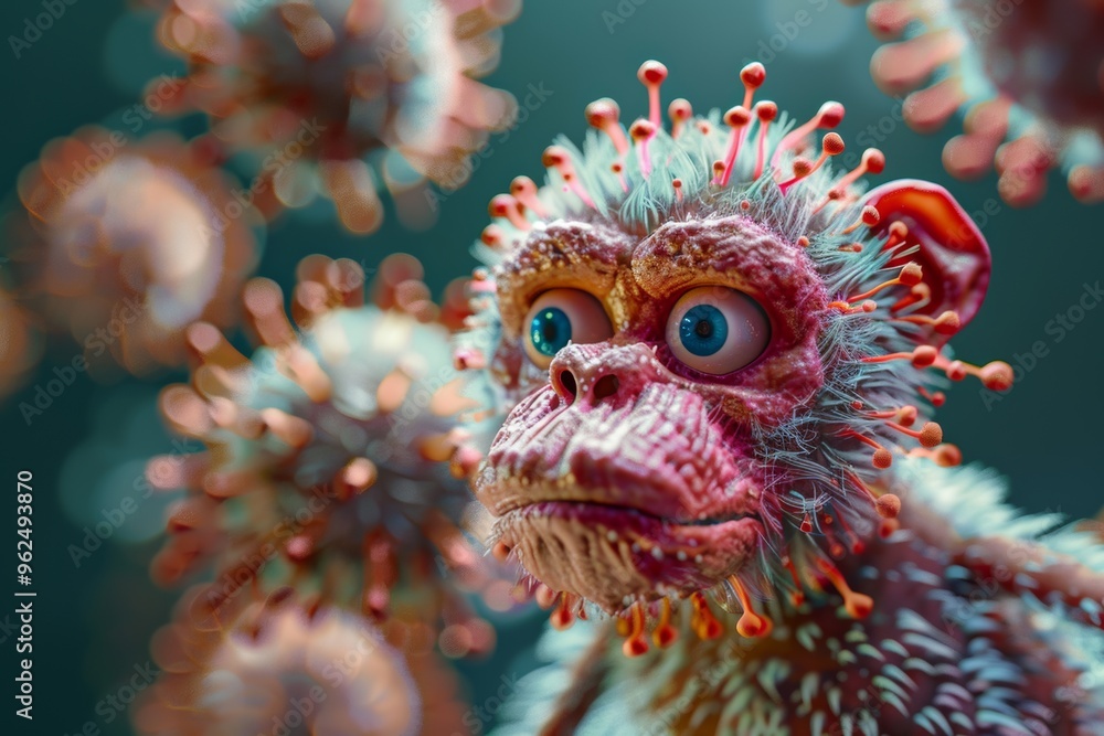 Humorous portrayal of virus cartoon monkey face. Expressive monkey head ...