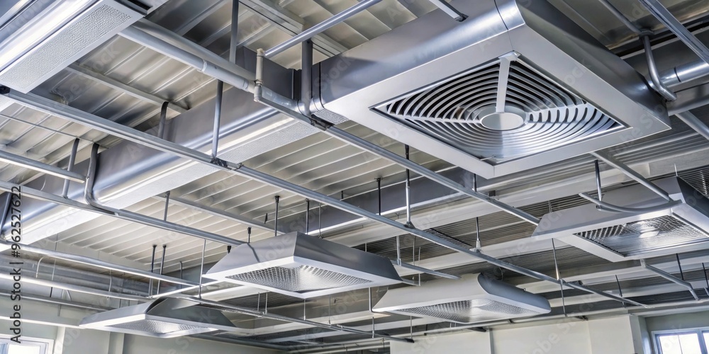 Two ventilation duct systems with grilles under ceiling in commercial ...