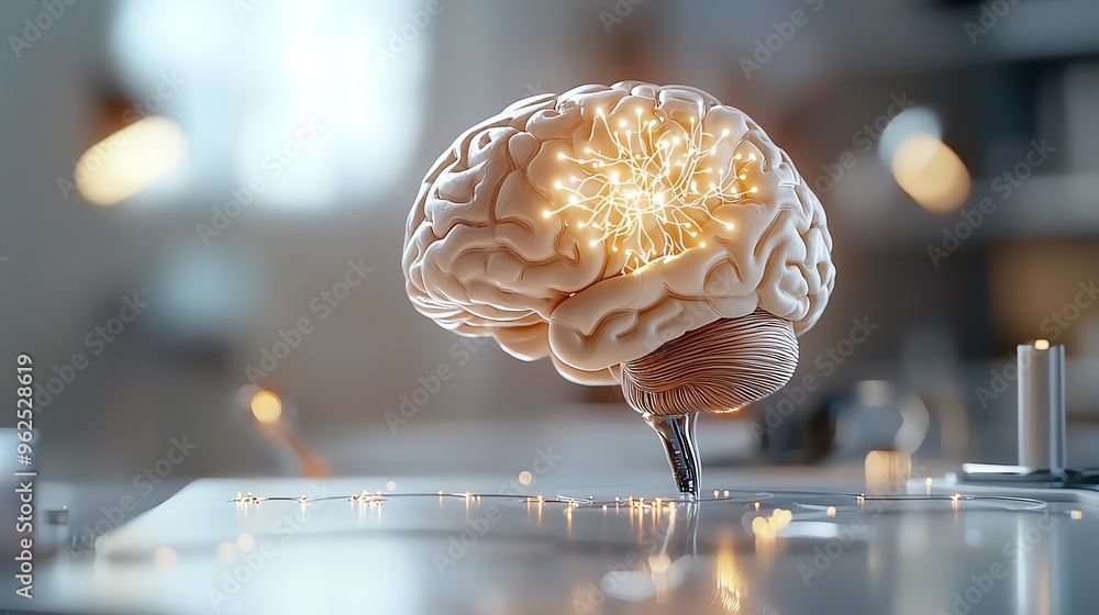 ภาพประกอบ Stock 47 A human brain visualized alongside an AI-powered ...