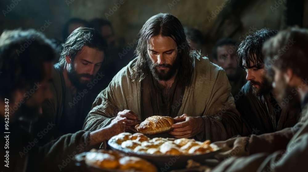 Jesus sharing bread with his disciples during the Last Supper Stock ...