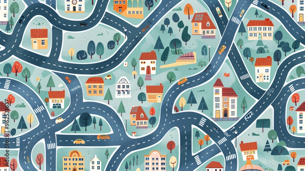18. Cute city map seamless pattern with detailed cartoon elements ...