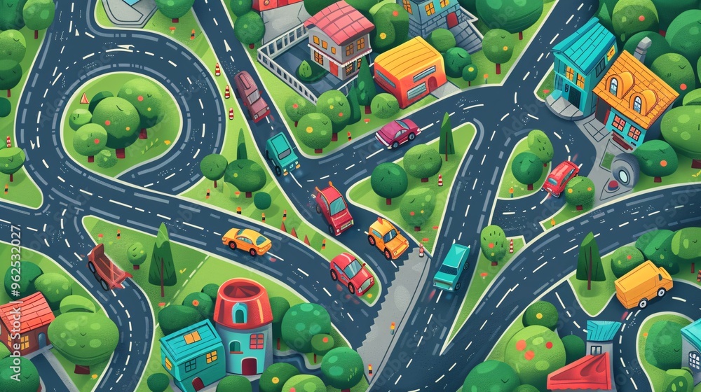 21. Charming vector 2D illustration of a cartoon city scene with cars ...