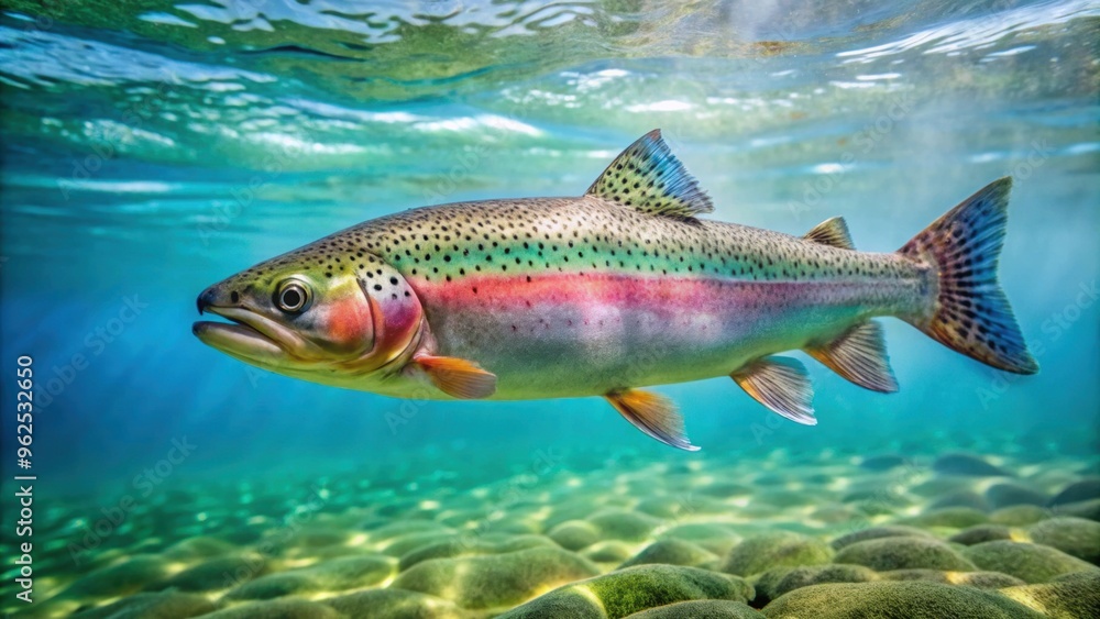 Underwater rainbow trout swimming gracefully in clear blue water, trout ...