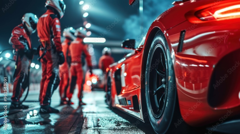 Professional pit crew ready for action as their race car enters the pit lane during a pitstop ...
