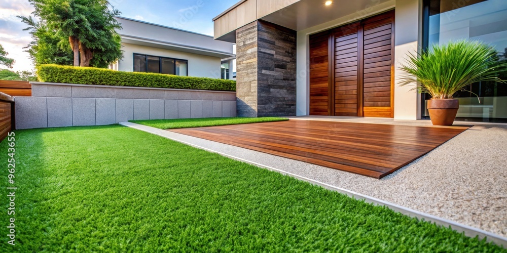 Artificial grass lawn turf with wooden edging in the front yard of a ...