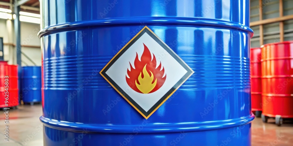 Chemical hazard warning label on a drum of flammable liquids, flammable ...