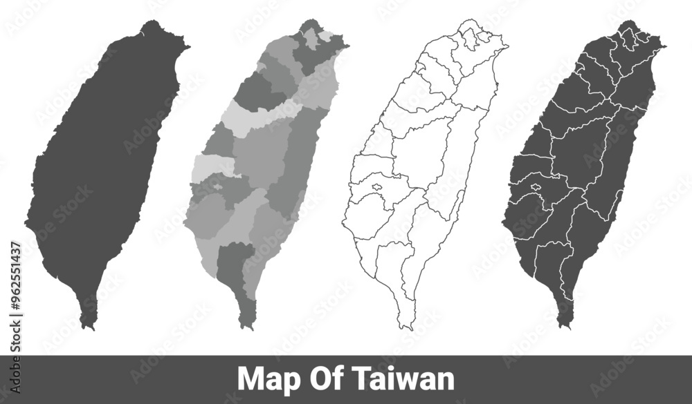 Collection of Taiwan country grey political maps set with border ...