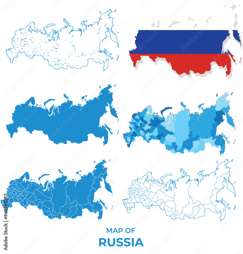 Russia Maps in different style political map flag outline vector ...