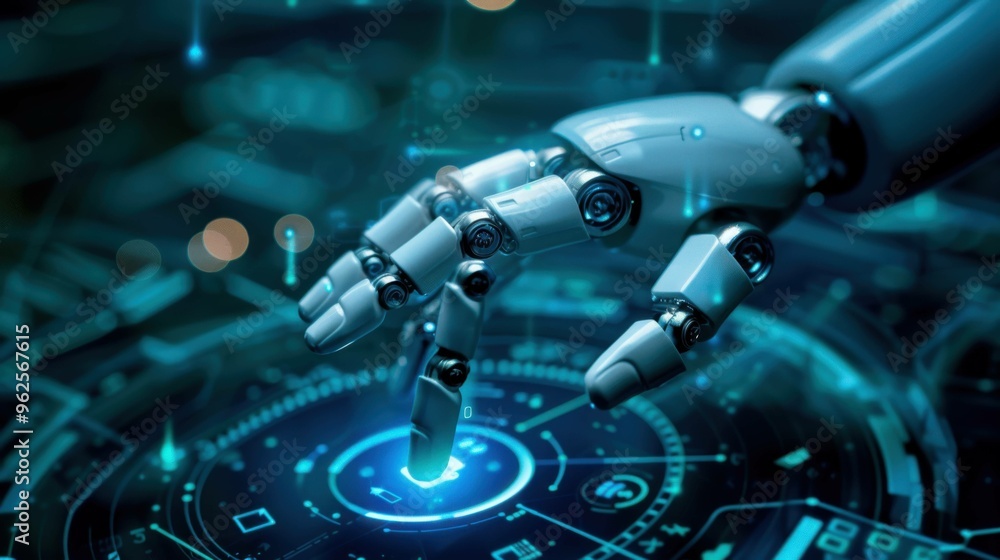 Man interacts with smart AI robot using command prompts to generate ...