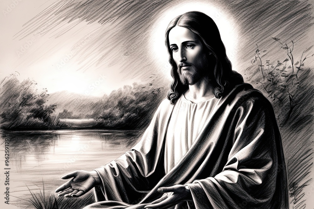Charcoal Drawing of Jesus Christ in a Peaceful Landscape for Reflection ...