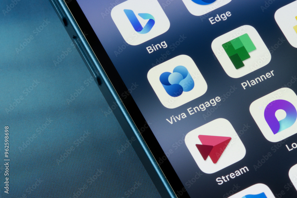 Portland, OR, USA - Mar 23, 2024: Microsoft Bing, Viva Engage, Planner, and Stream app icons are ...