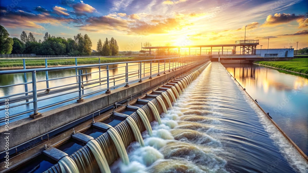 Clean water flows from a dam in the morning at an industrial waste ...
