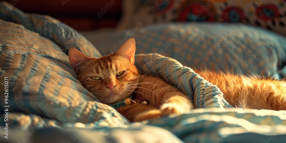 Realistic, intricate indoor scene featuring a cat resting on a bed ...