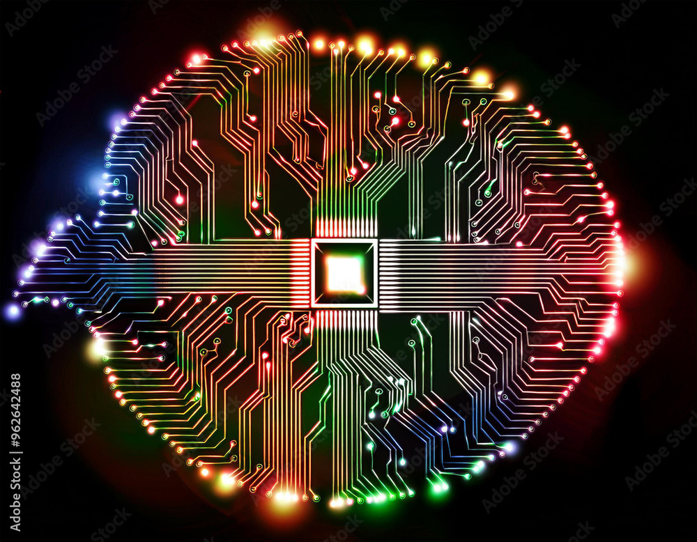 brain composed of a circuit of technological chips with light and ...
