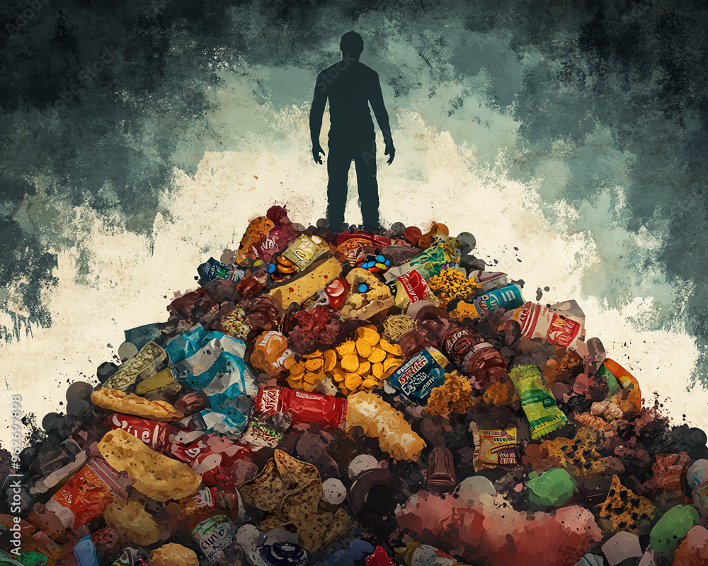 Silhouette of a man standing on a mountain of junk food, symbolizing ...
