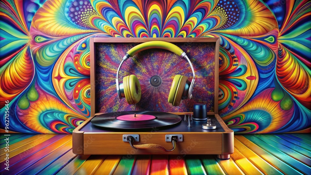 Groovy Psychedelic Record Player With Album Cover And Headphones On A ...