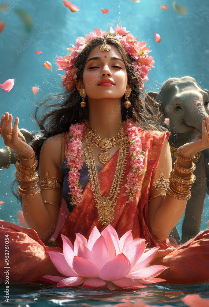 Goddess Devi sitting on a lotus, with four arms and an elephant behind ...
