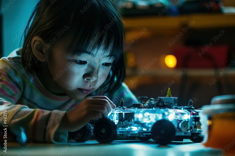 Asian child explores robot features on wooden table. Girl learns ...