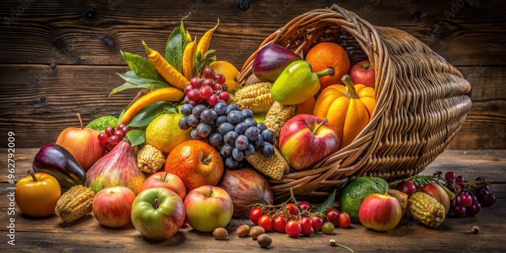 Vibrant fruits burst from a wicker cornucopia, overflowing with diverse ...